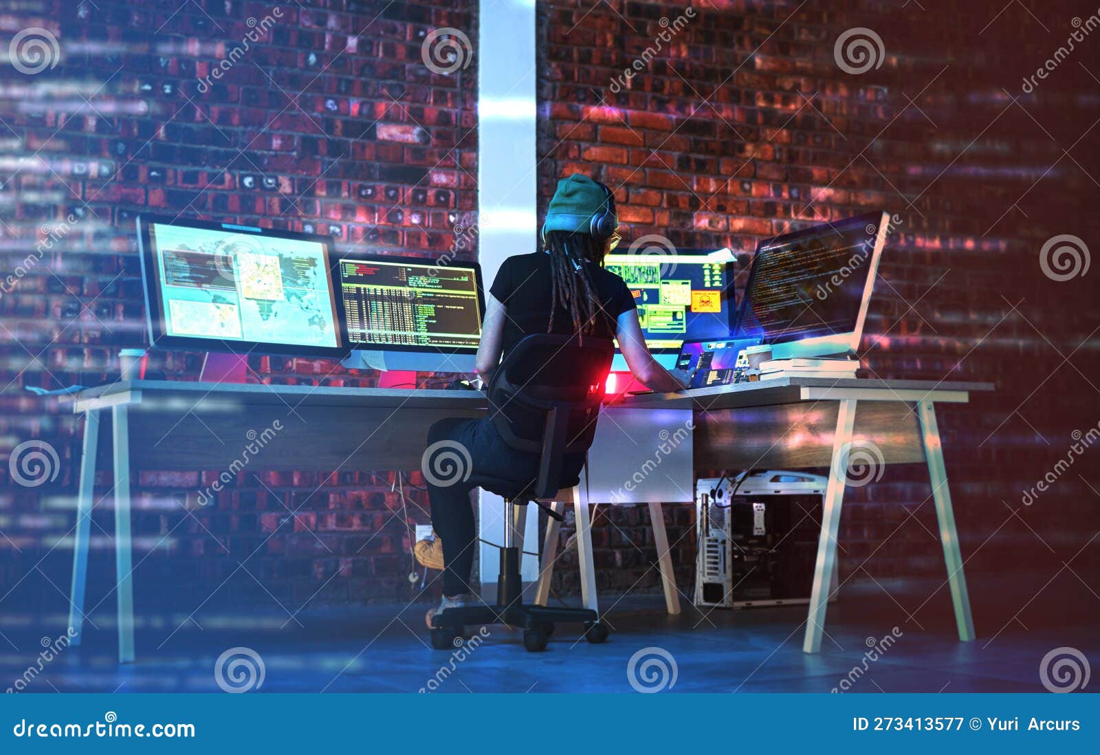 Digital Coding Hacker Woman And Computer Monitor For Cybersecurity