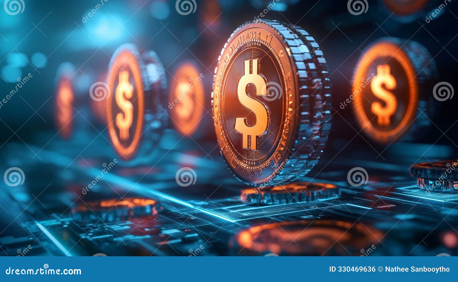 Digital Coins with Dollar Symbols on Circuit Board Stock Illustration ...