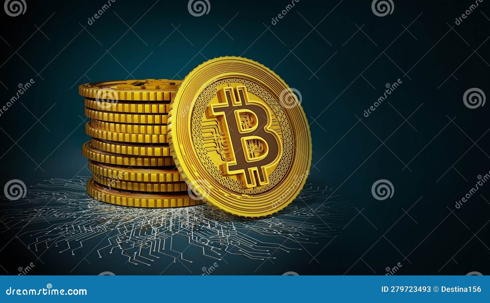 Digital Coins Standing on Green PCB. 3D Illustration Stock Illustration ...