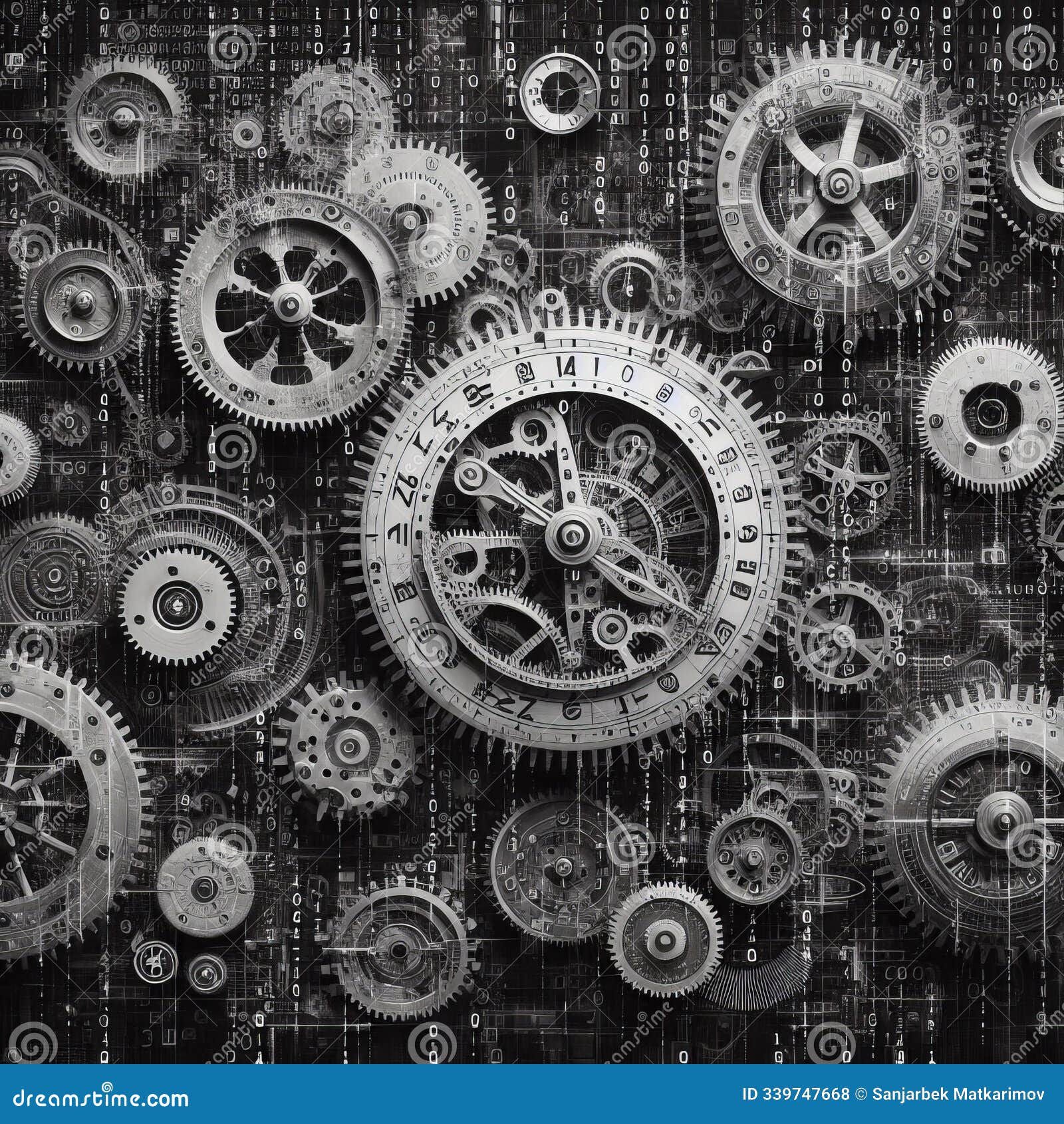 Digital Collage of Clock Gears with Matrix Code a Composition of Stock ...