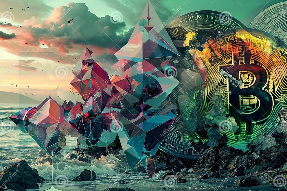 Digital Collage Featuring a Bitcoin Symbol on a Sandy Beach Setting ...