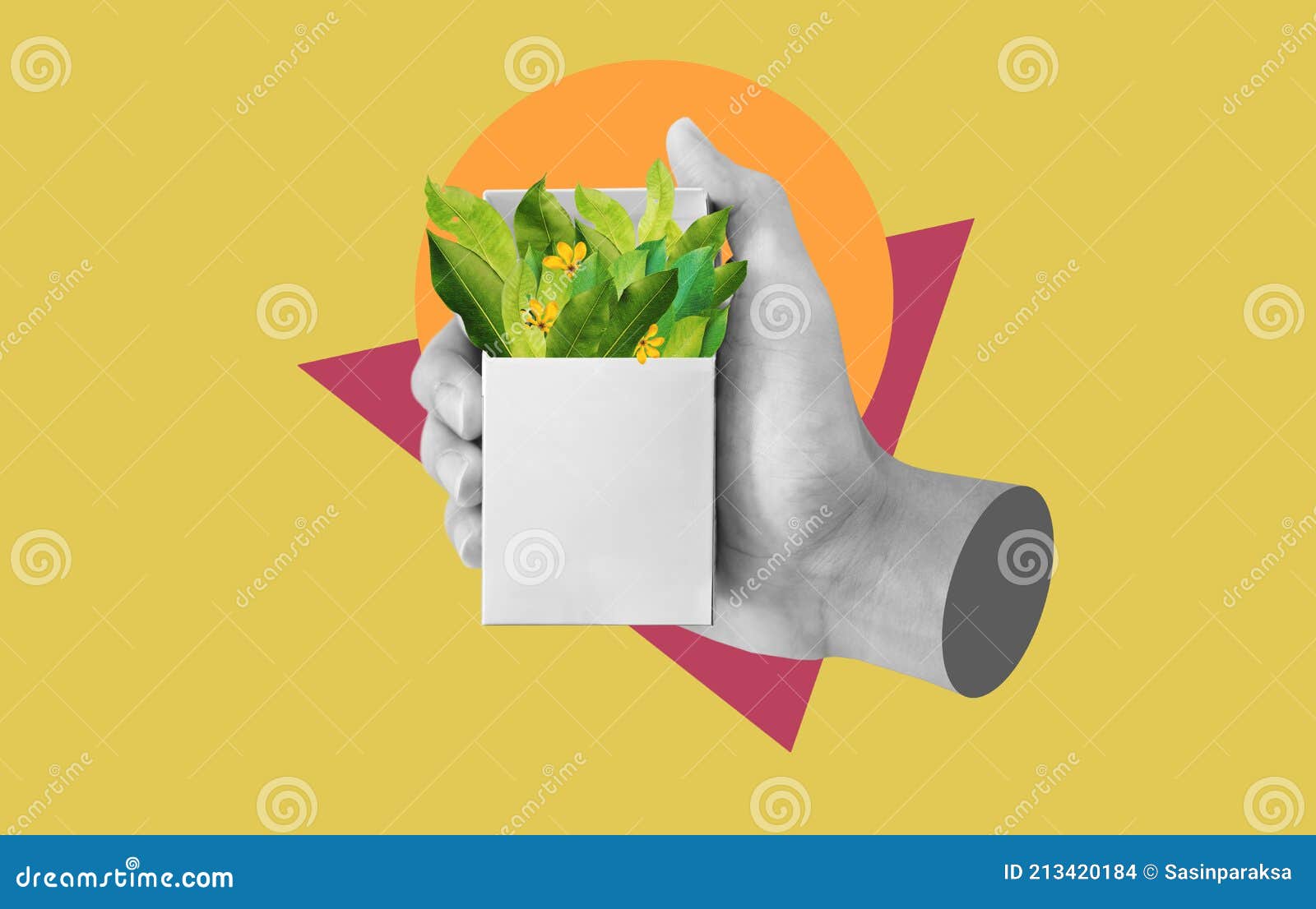 Digital Collage Modern Art. Hand Holding Cigarette Box, with Leaves ...