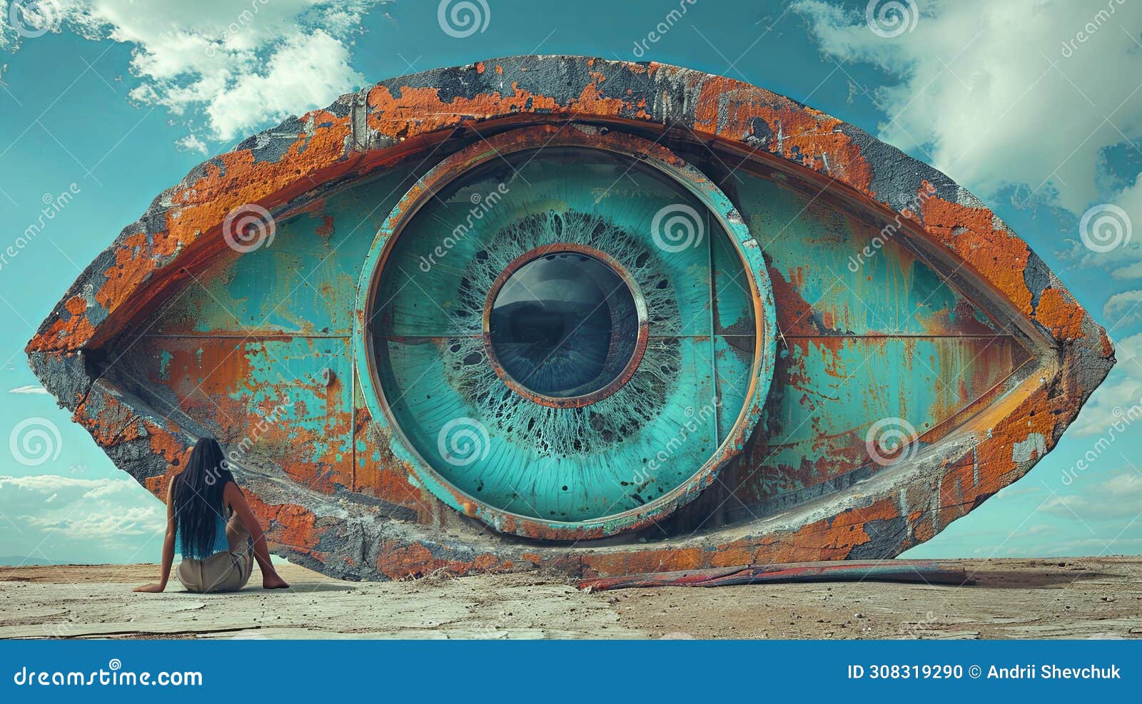 Digital Collage with Old Rusty Eye and Woman Sit Stock Illustration ...
