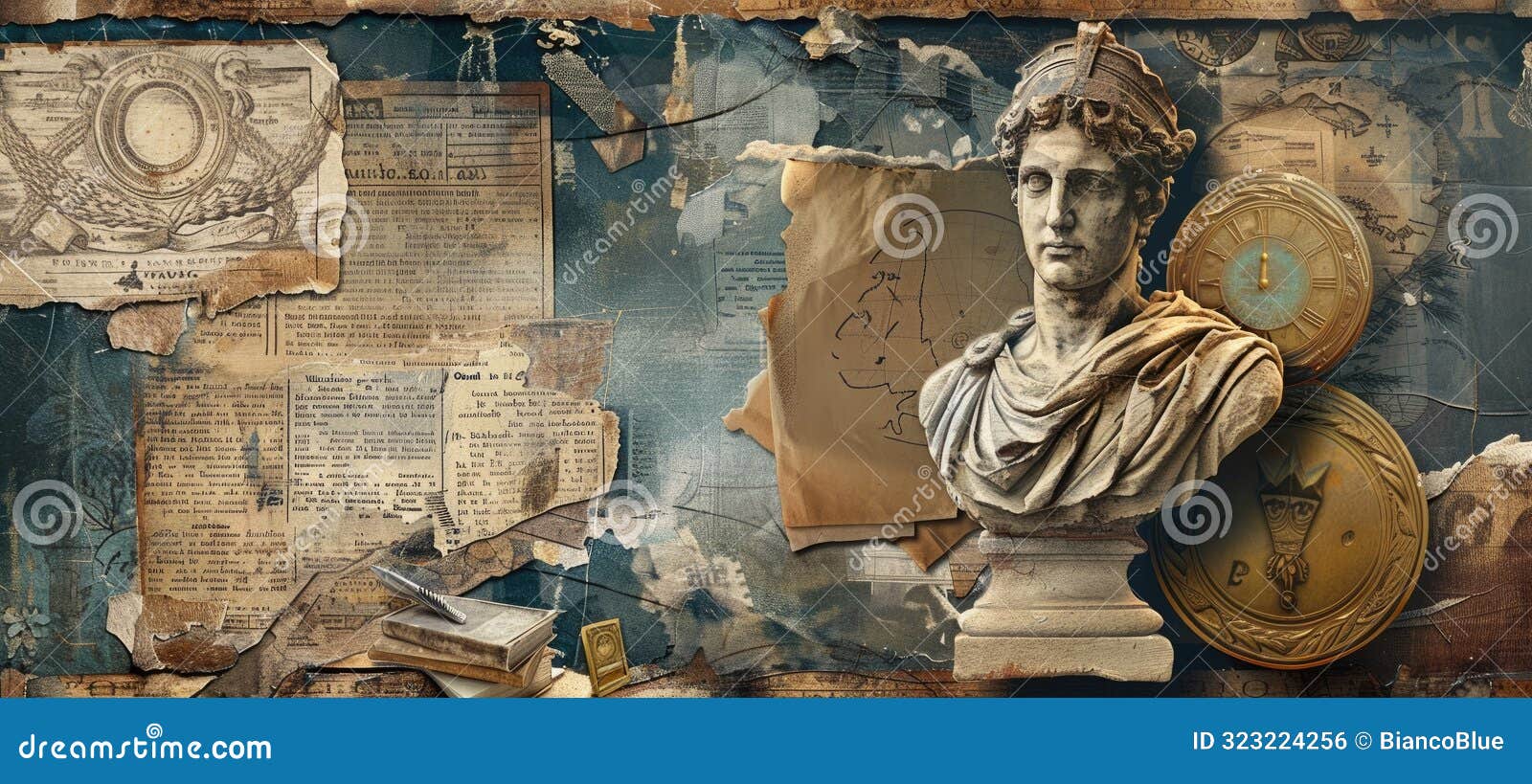 A Digital Collage of a Statue of a Roman Emperor with a Blue Background ...