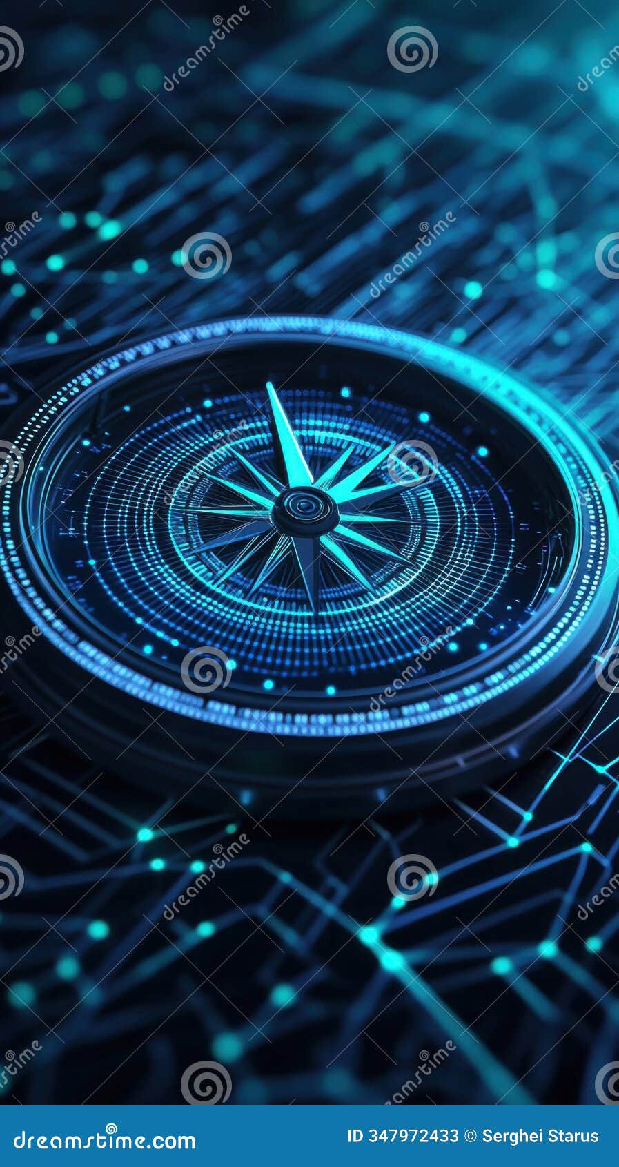 Digital Compass Glowing with Blue Light on a Futuristic Circuit Board ...