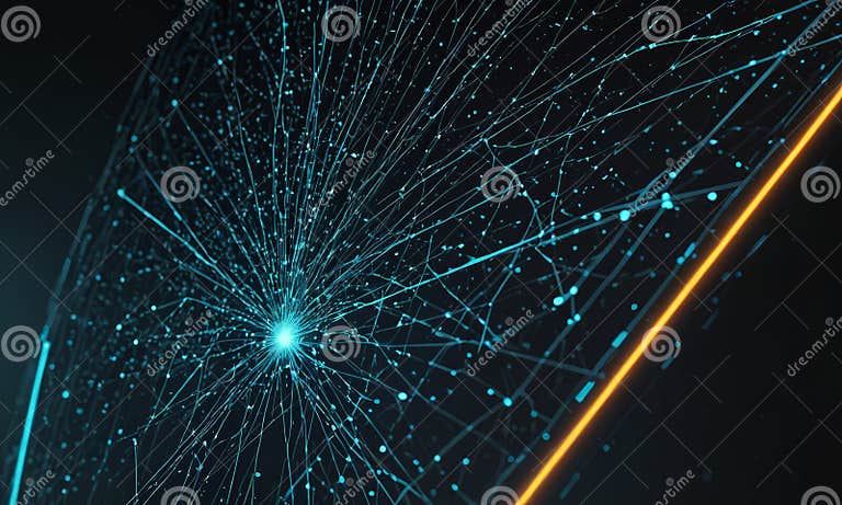 Digital Complex Network Interconnected Lines and Dots, with Bright Blue ...