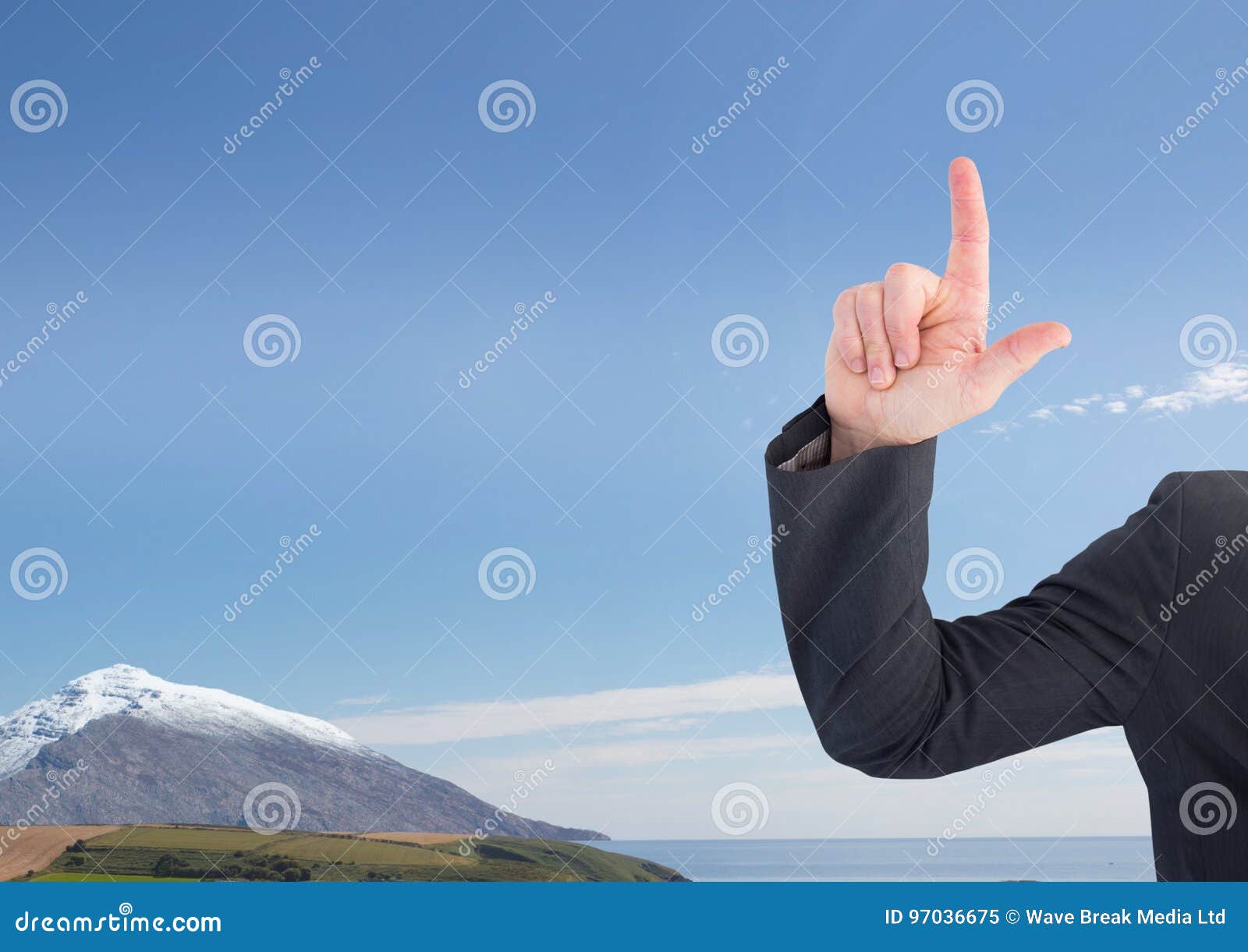 Arm pointing up into sky stock image. Image of cloudscape - 97036675