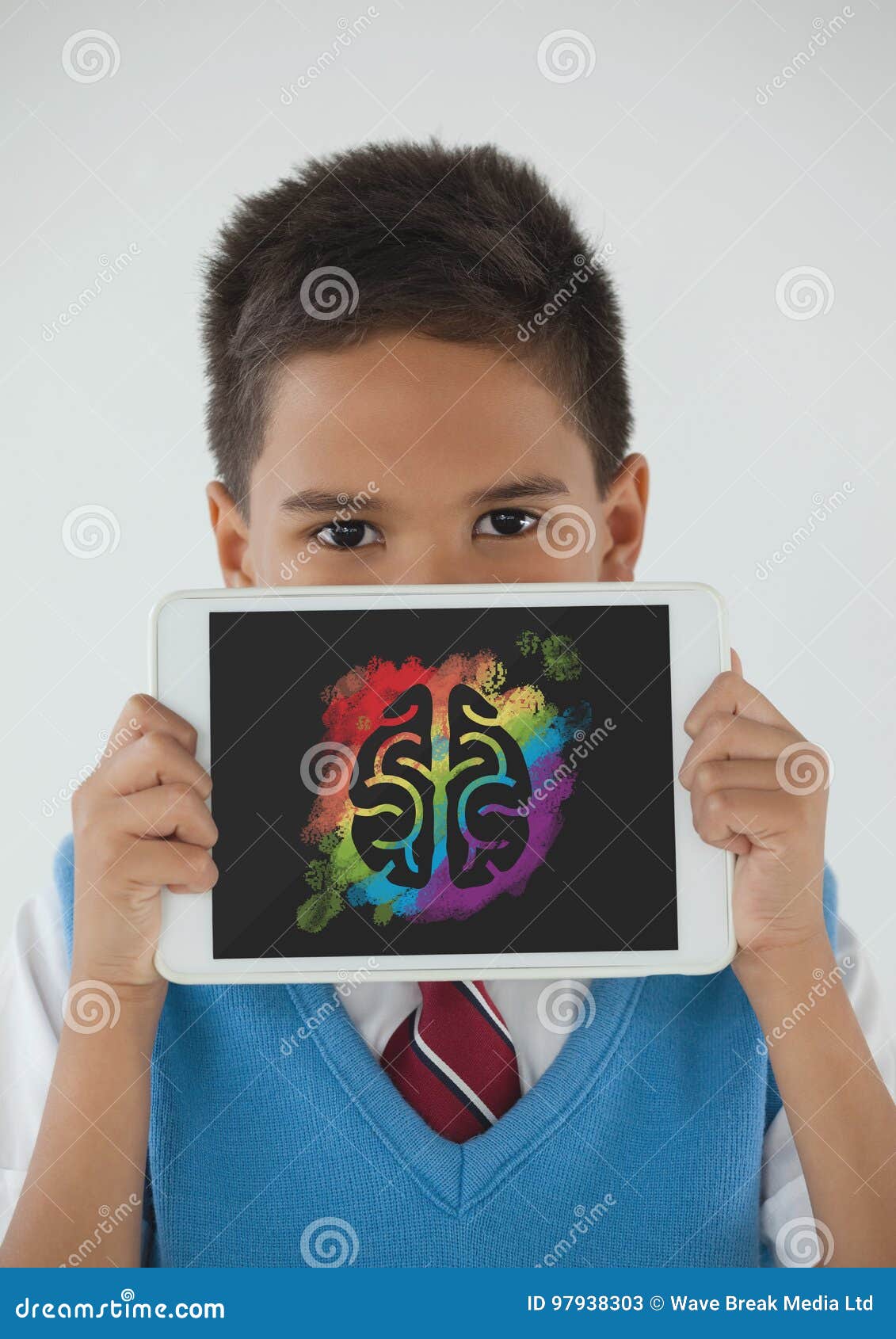 Boy Holding a Tablet with Brain Icon on Screen Stock Illustration ...