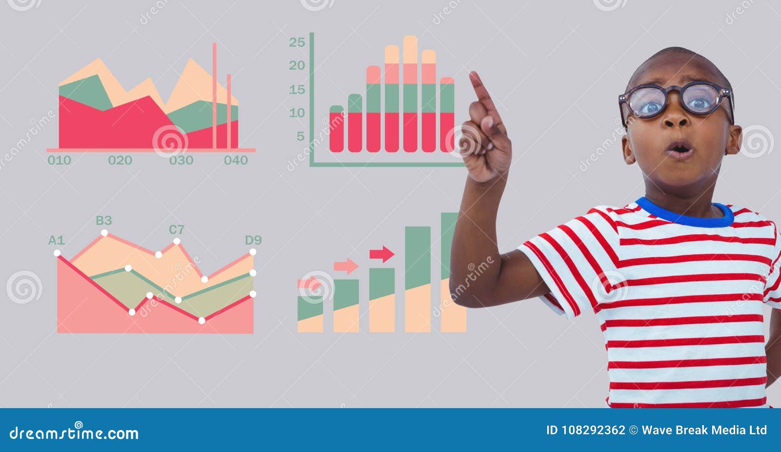 Boy Pointing with Colorful Chart Statistics Stock Photo - Image of open ...