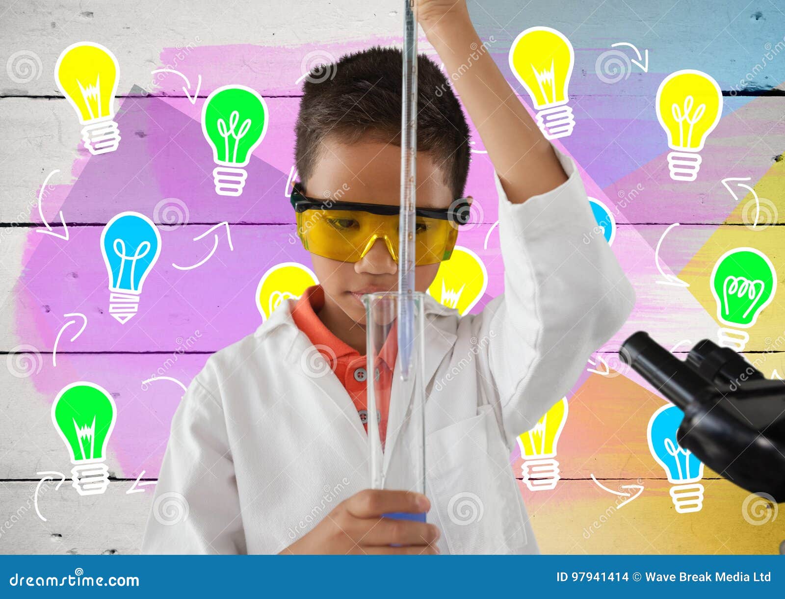 Boy Scientist Working in Lab with Colorful Light Bulb Graphics Stock ...