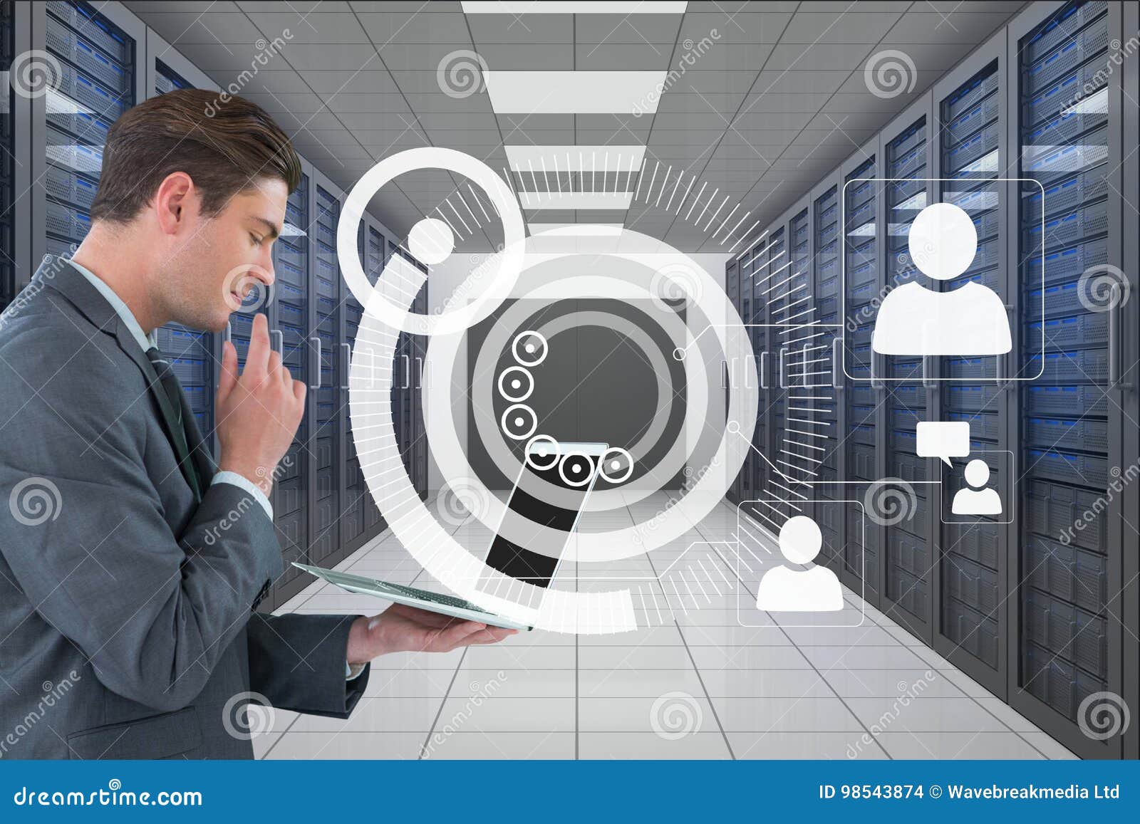 Business Man Holding a Computer and Graphics in Server Room Stock Photo ...