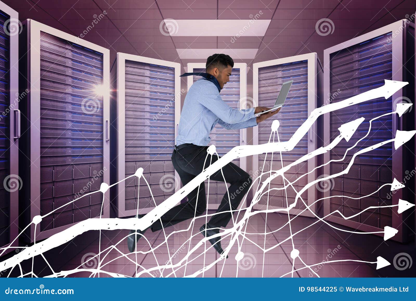 Business Man Holding a Computer and Graphics in Server Room Stock Image ...