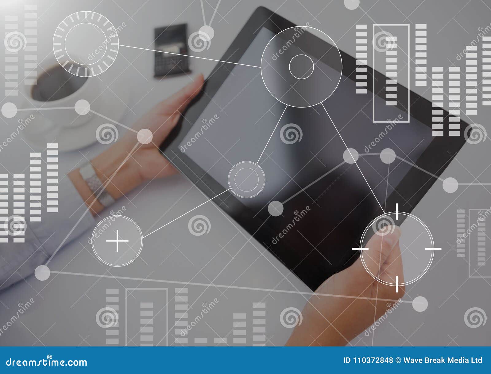 Business Overlay Interface with Hands and Tablet Stock Photo - Image of ...