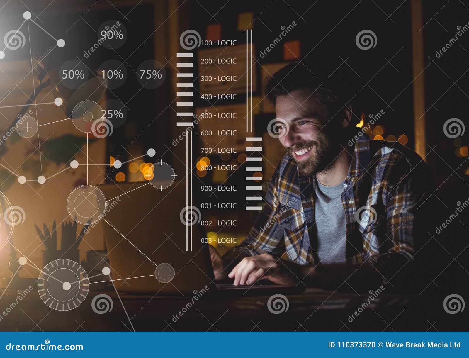 Business Overlay Interface with Man and Laptop Computer Stock Photo ...