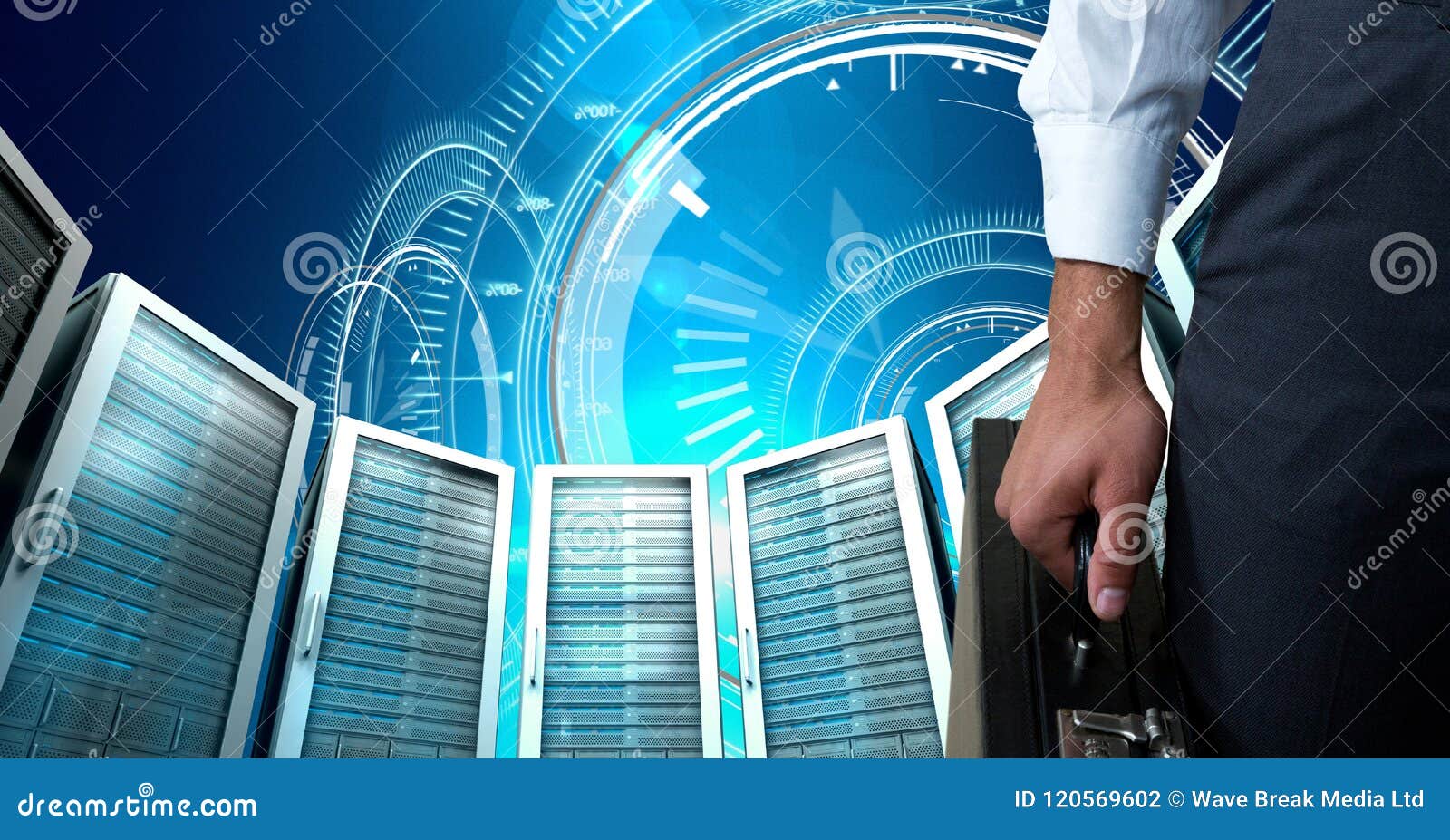 Business Person with Computer Servers and Technology Information ...