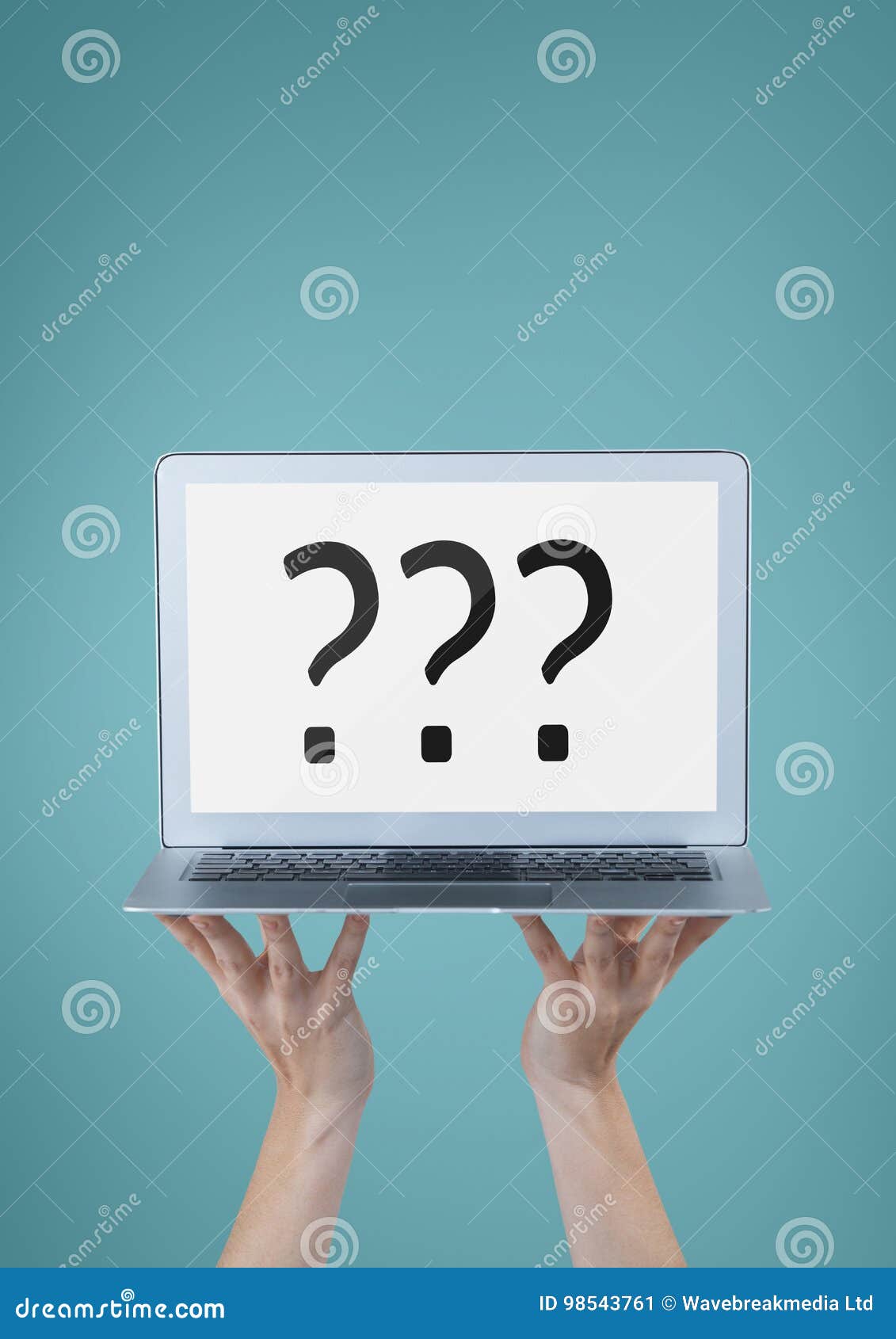 Business Woman Holding a Computer with Question Marks Text Stock Image ...
