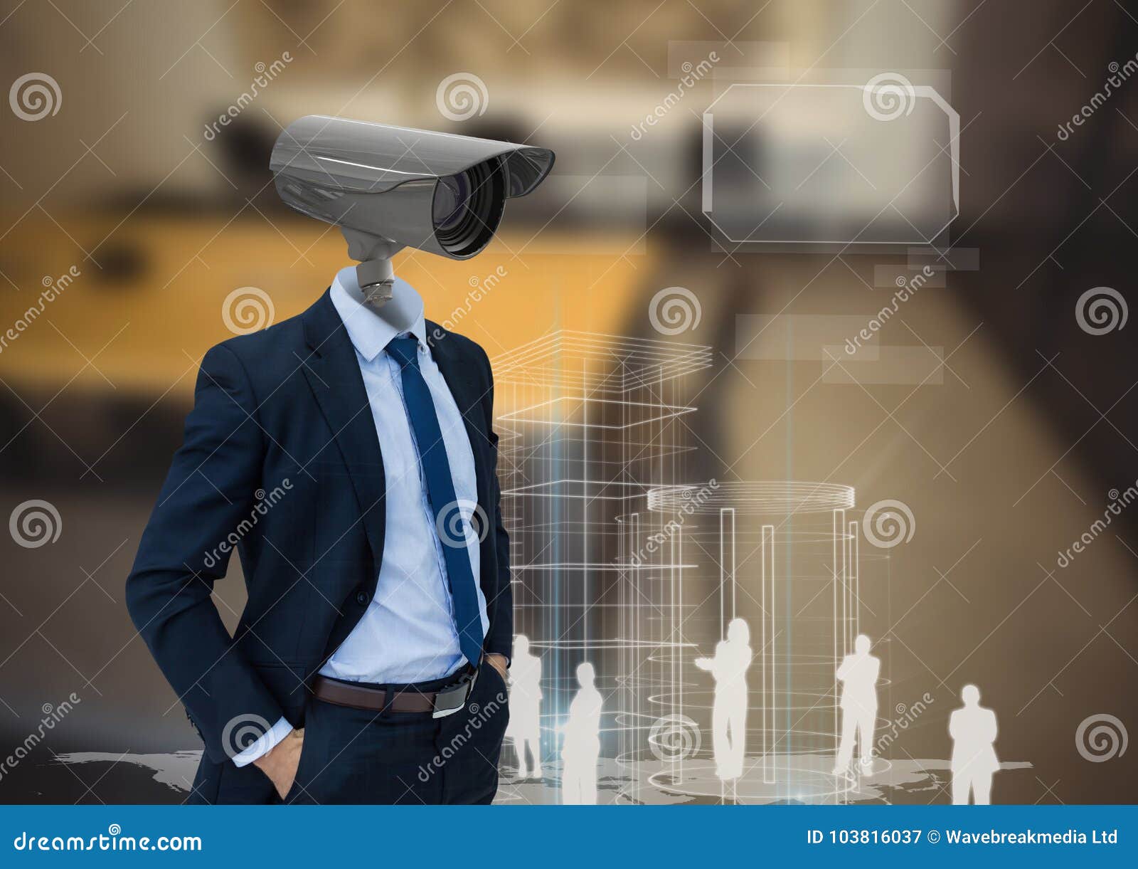 Businessman with CCTV Head at Office with Interface Stock Image - Image ...