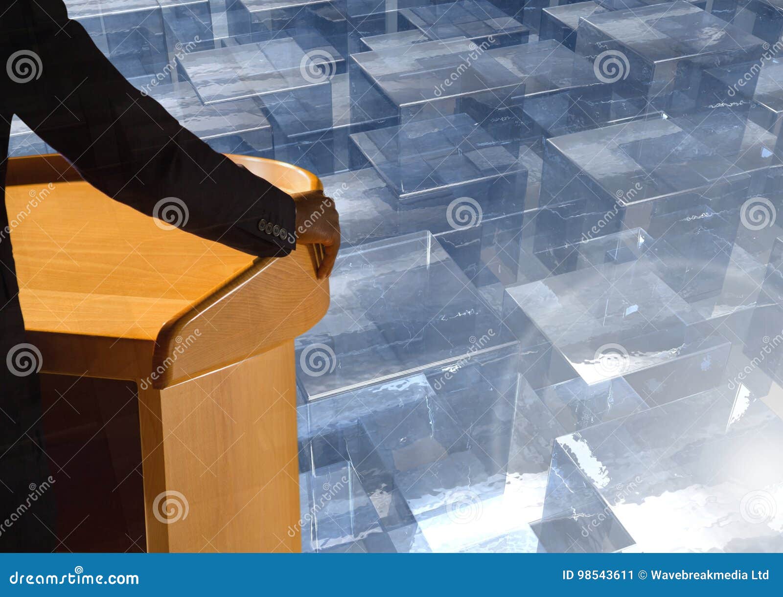 Businessman on Podium Speaking at Conference with Glass Cubes Stock ... Businessman on Podium Speaking at Conference with Glass Cubes Stock ...