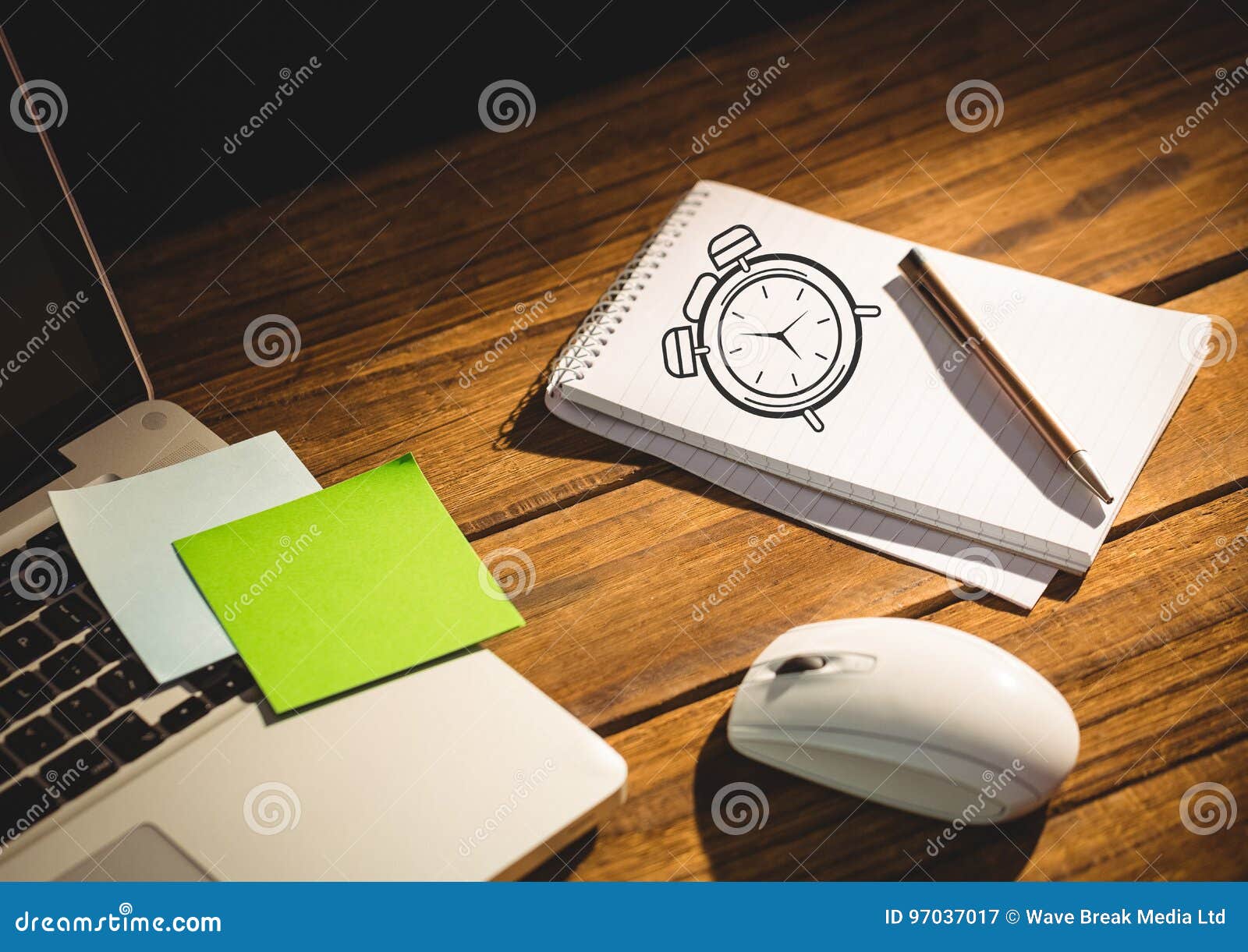 Clock Drawing of Time on Notepad with Laptop Stock Image - Image of ...