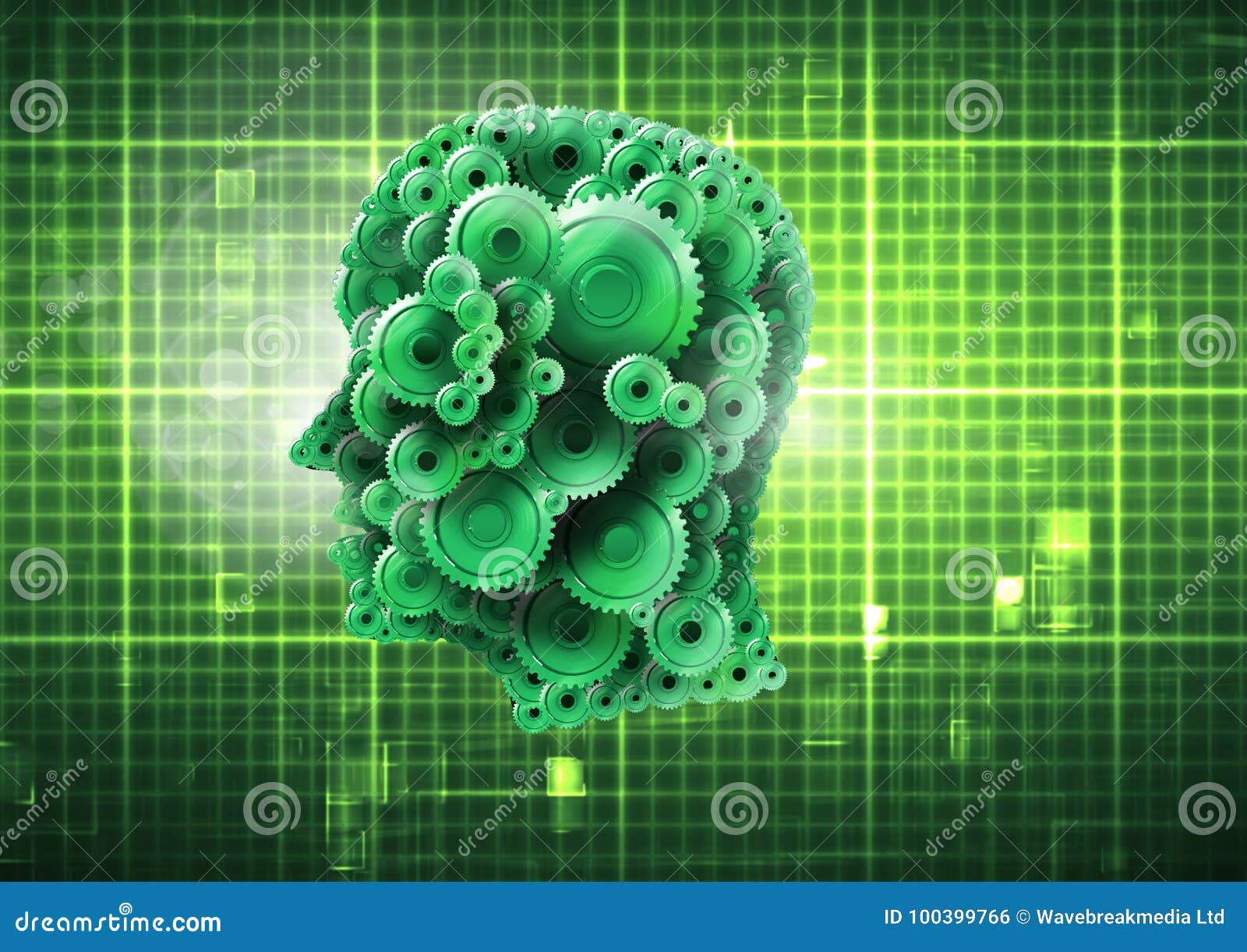 Cog Head with Green Illuminated Grid Stock Illustration - Illustration ...