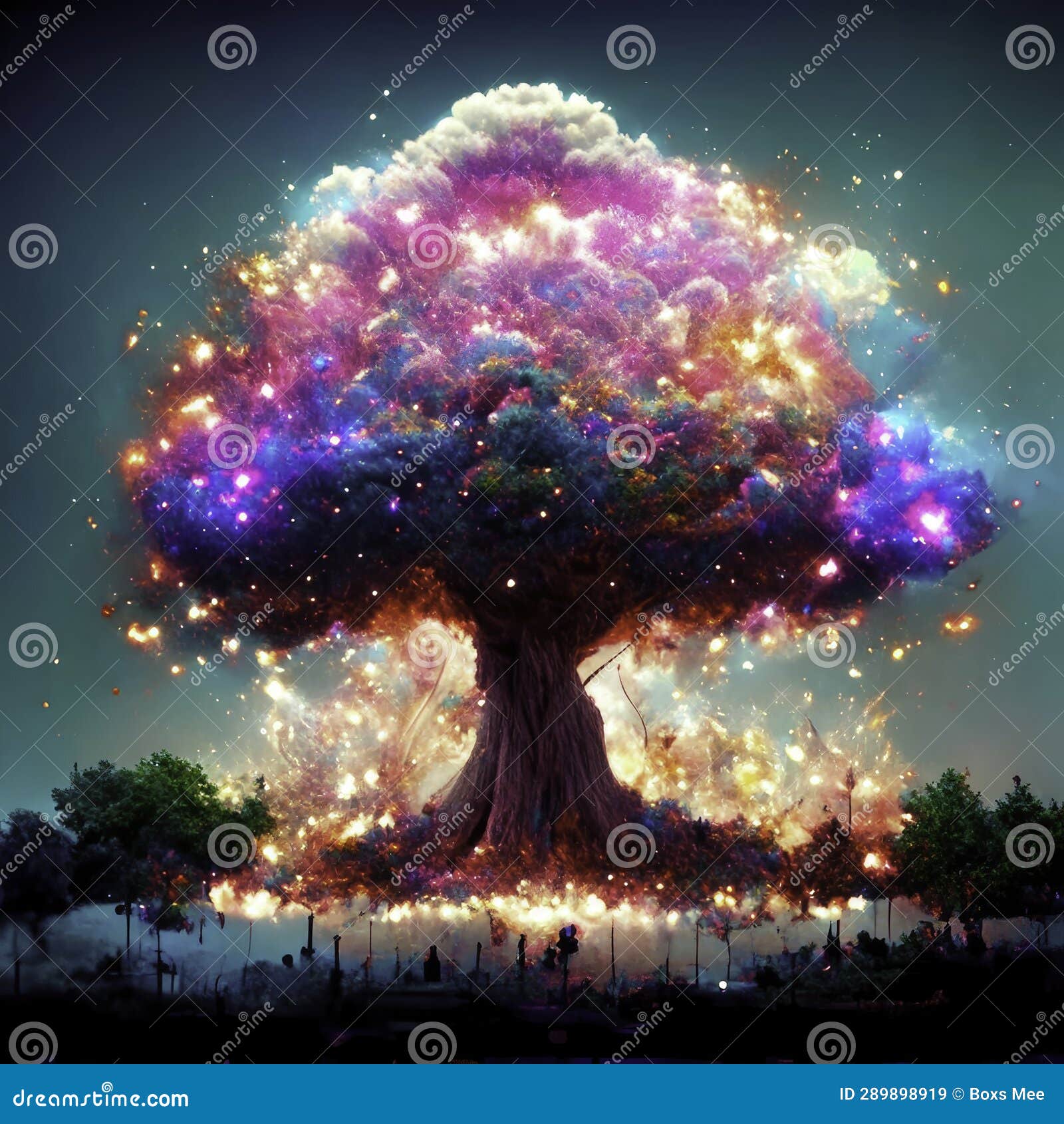 Digital Composite of Colorful Fireworks Exploding Over Tree in the ...
