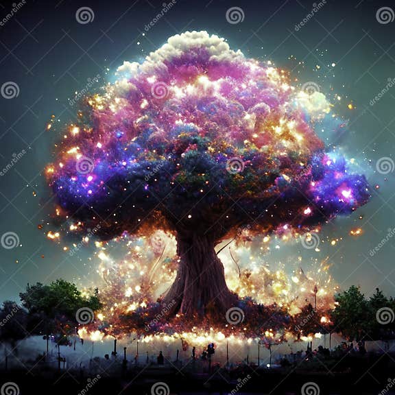 Digital Composite of Colorful Fireworks Exploding Over Tree in the ...