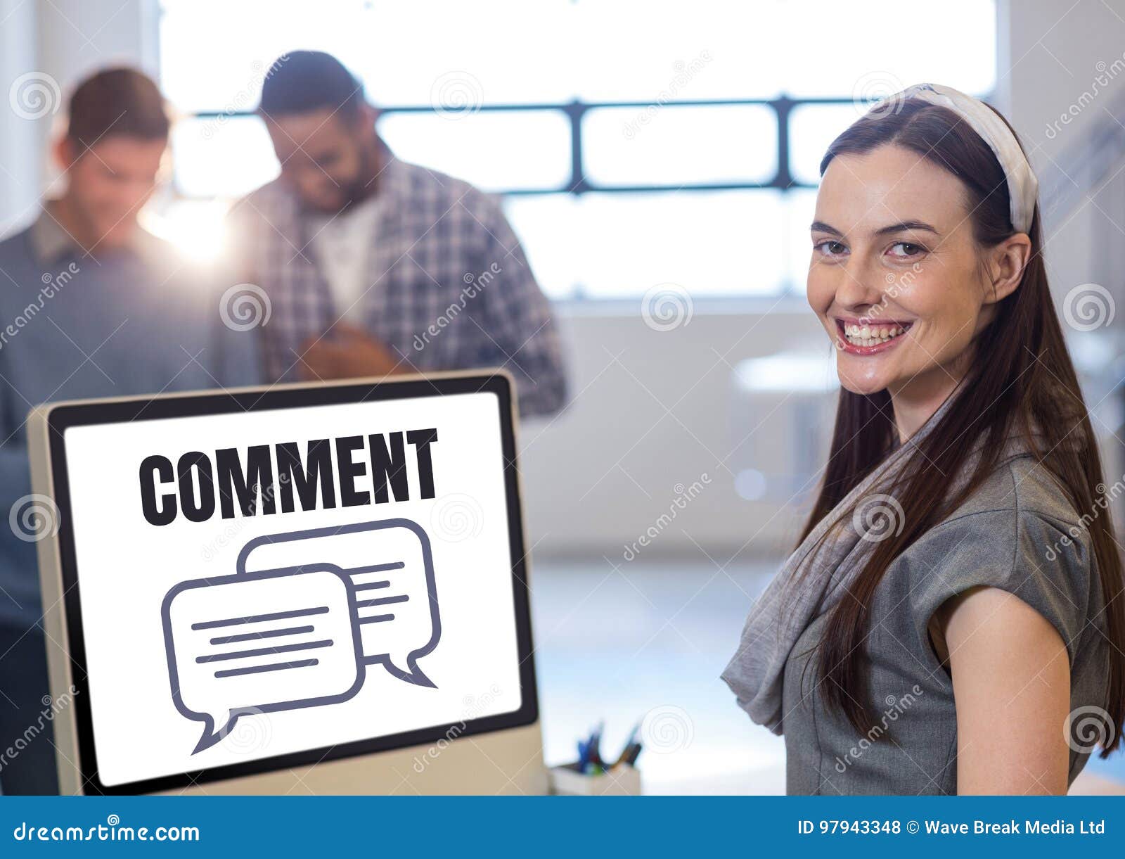 Comment Text and Chat Graphic on Computer Screen with Woman Stock Photo ...