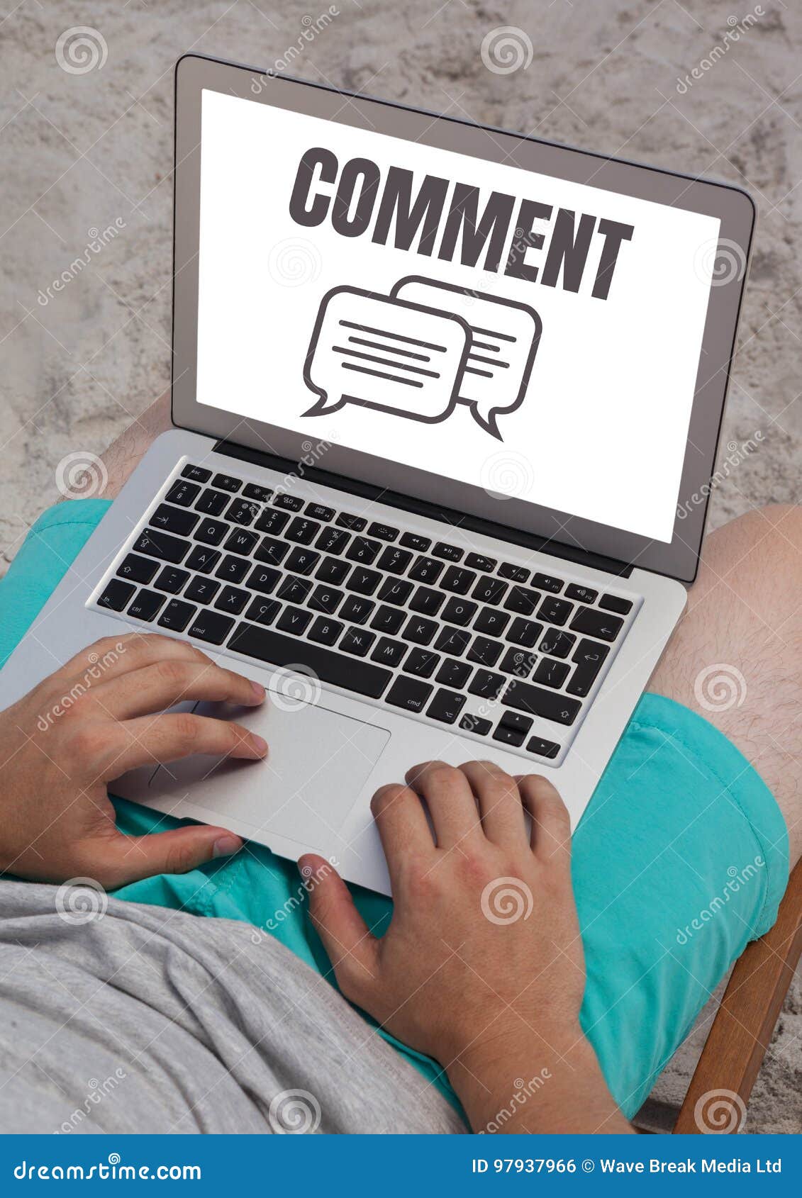 Comment Text and Chat Graphic on Laptop Screen with Hands Stock Photo ...