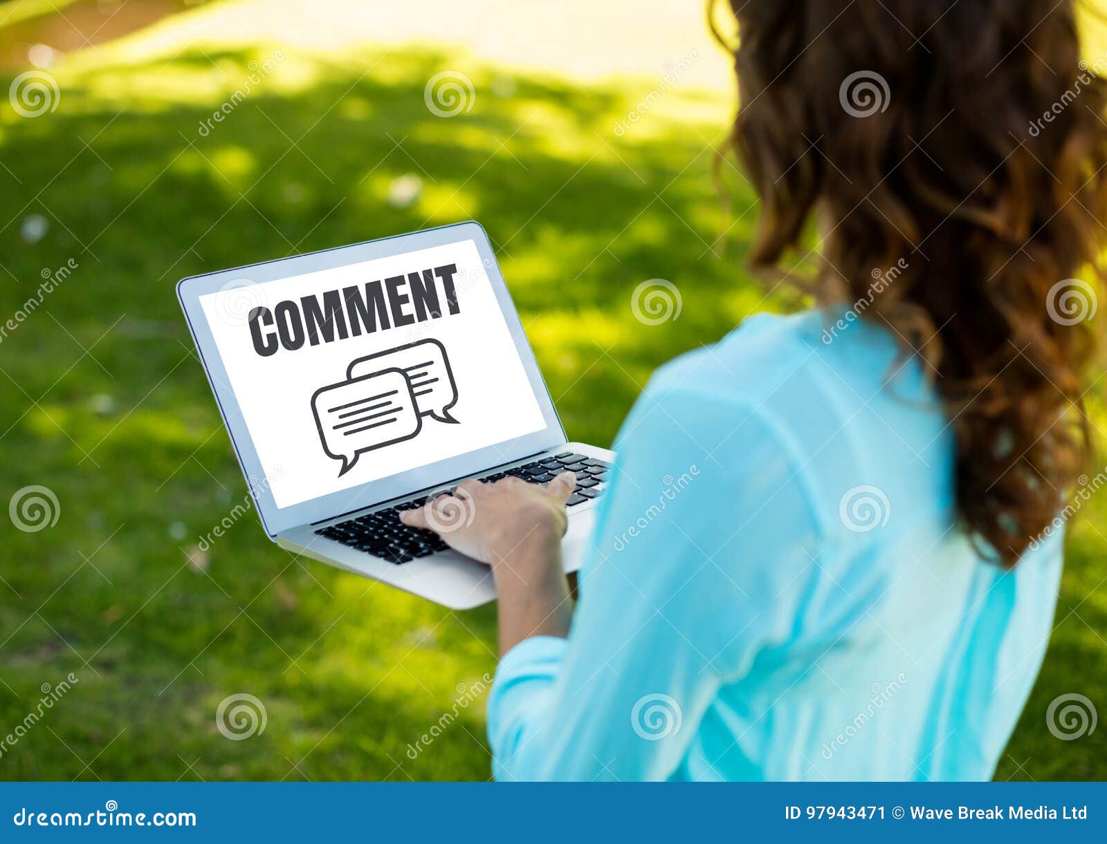 Comment Text and Chat Graphic on Laptop Screen with Woman Stock Image ...