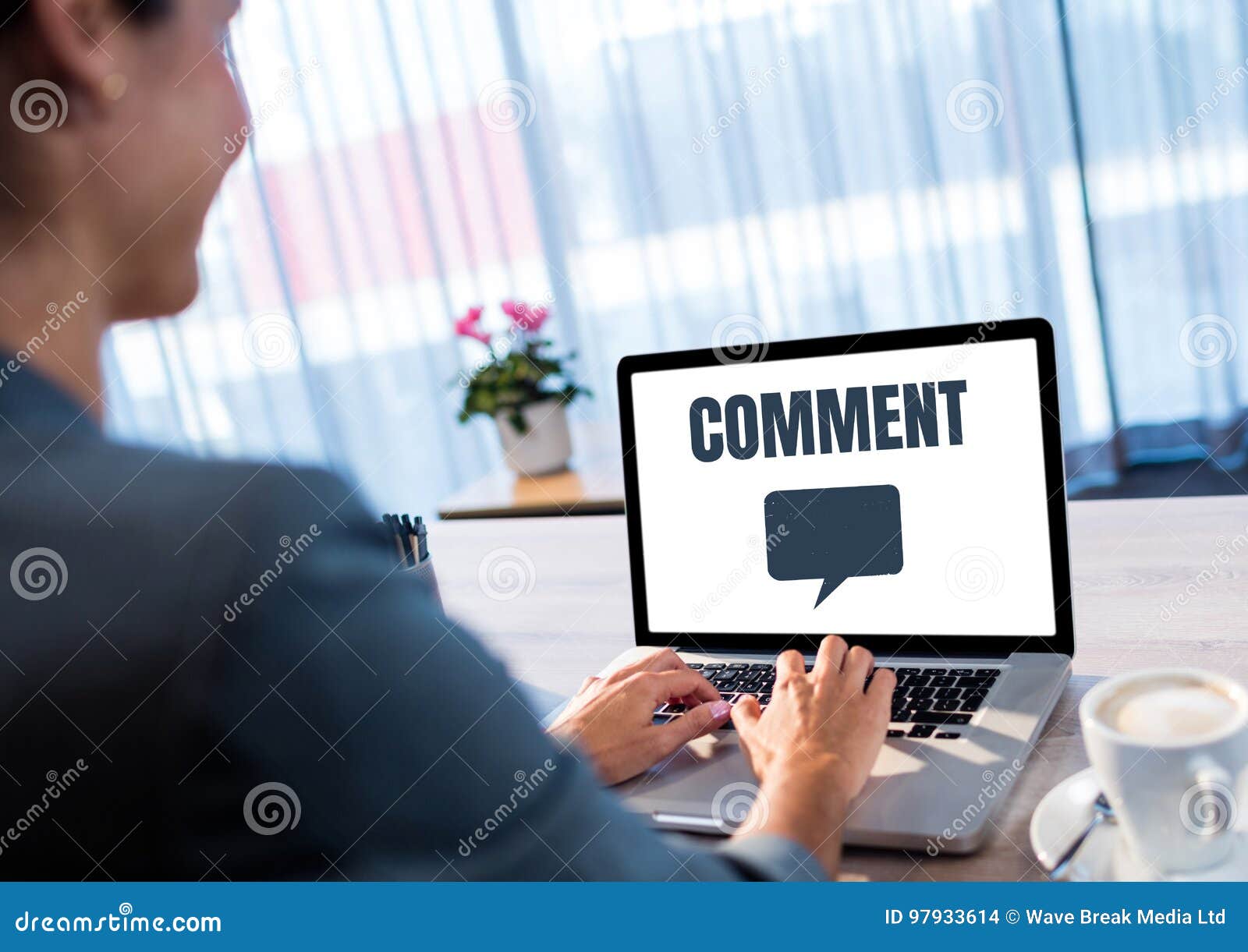 Comment Text and Chat Graphic on Tablet Screen with Womans Hands Stock ...