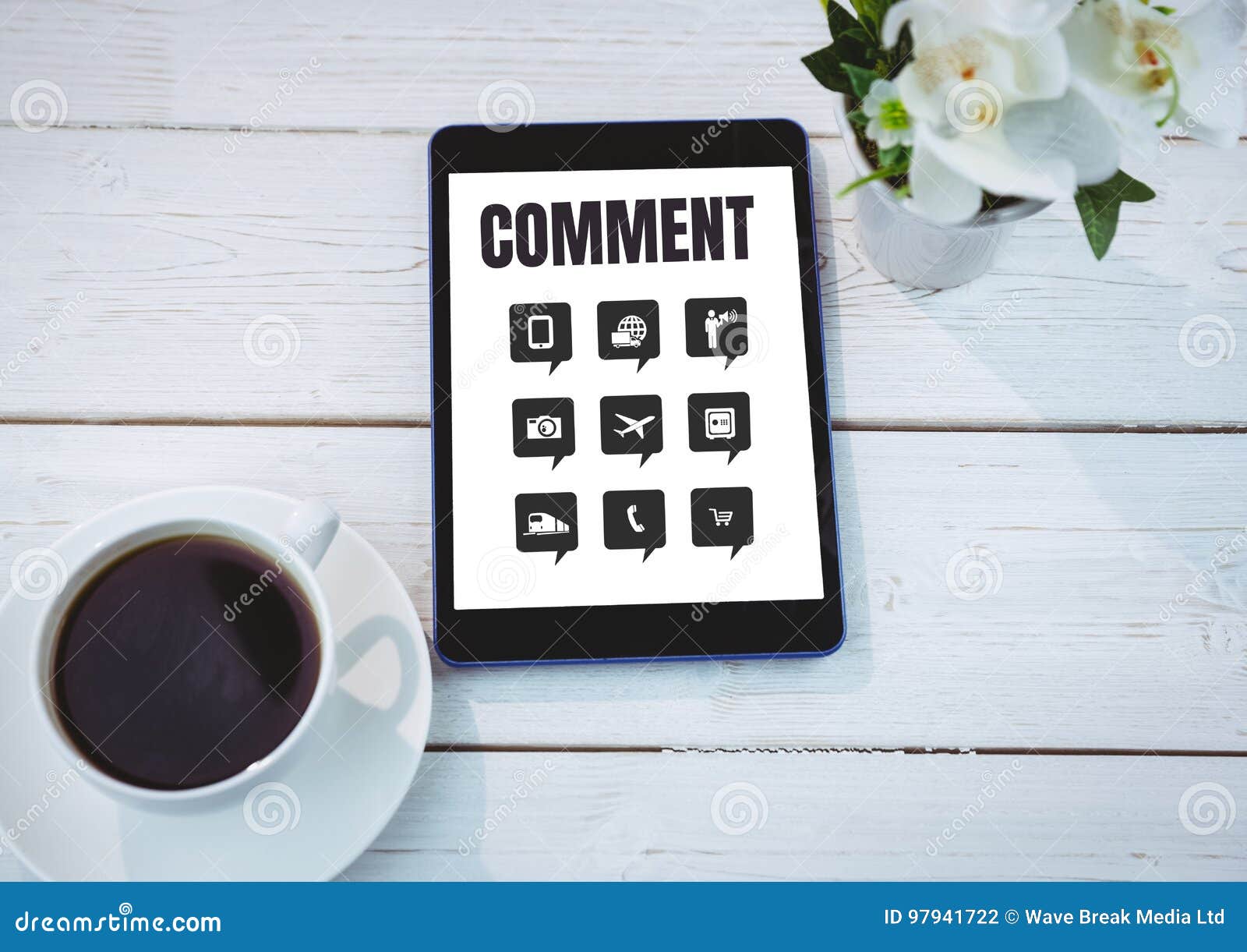 Comment Text and Graphic on Tablet Screen Stock Photo - Image of camera ...