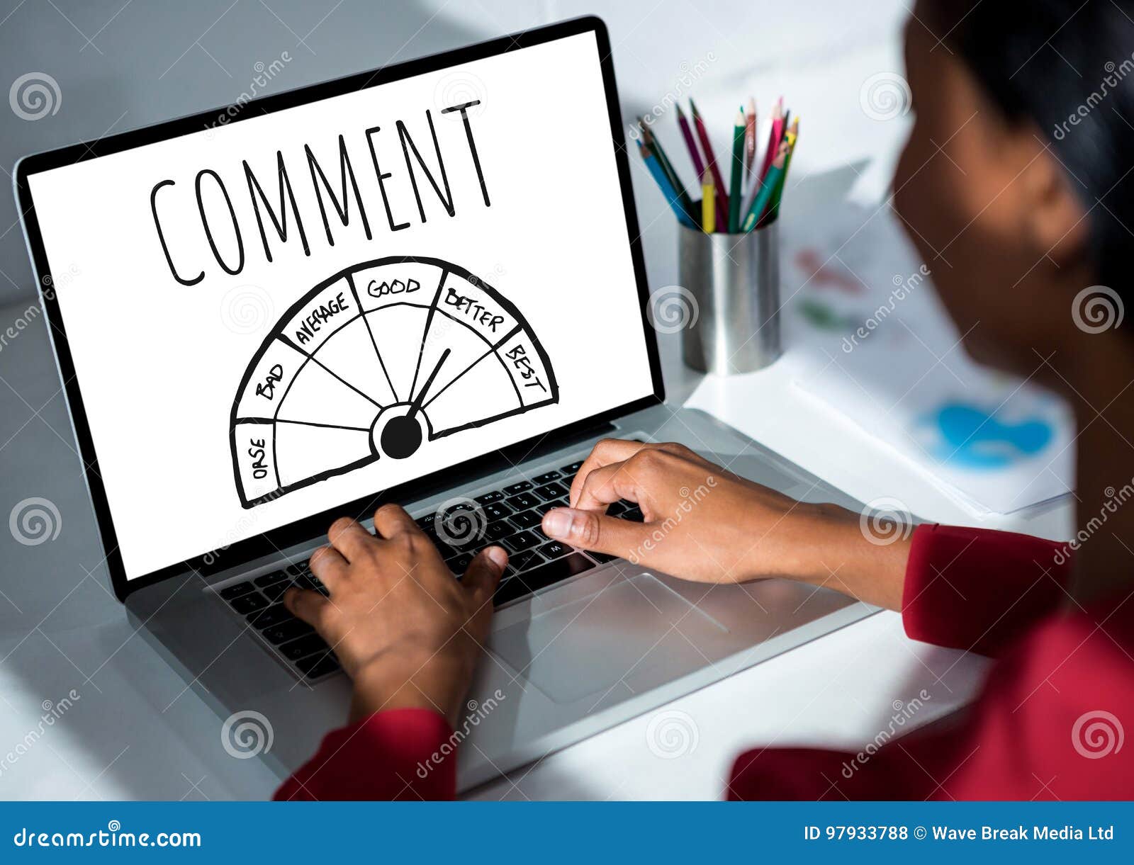 Comment Text and Ratings Graphic on Laptop Screen with Womans Hands ...