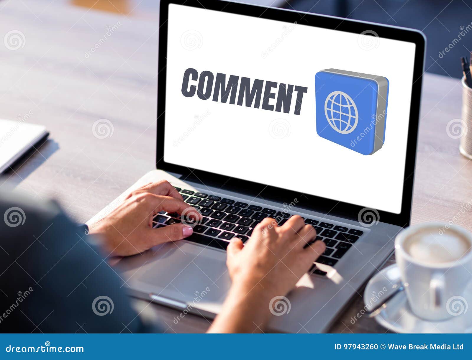 Comment Text and World Graphic on Laptop Screen with Hands Stock Photo ...