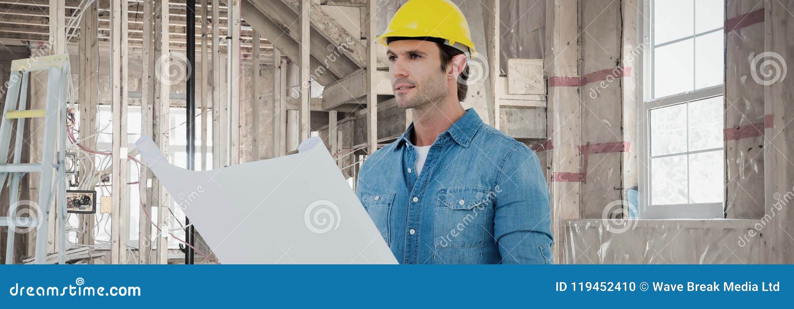 Composed Image of Construction Worker Looking at Plans Stock Photo ...