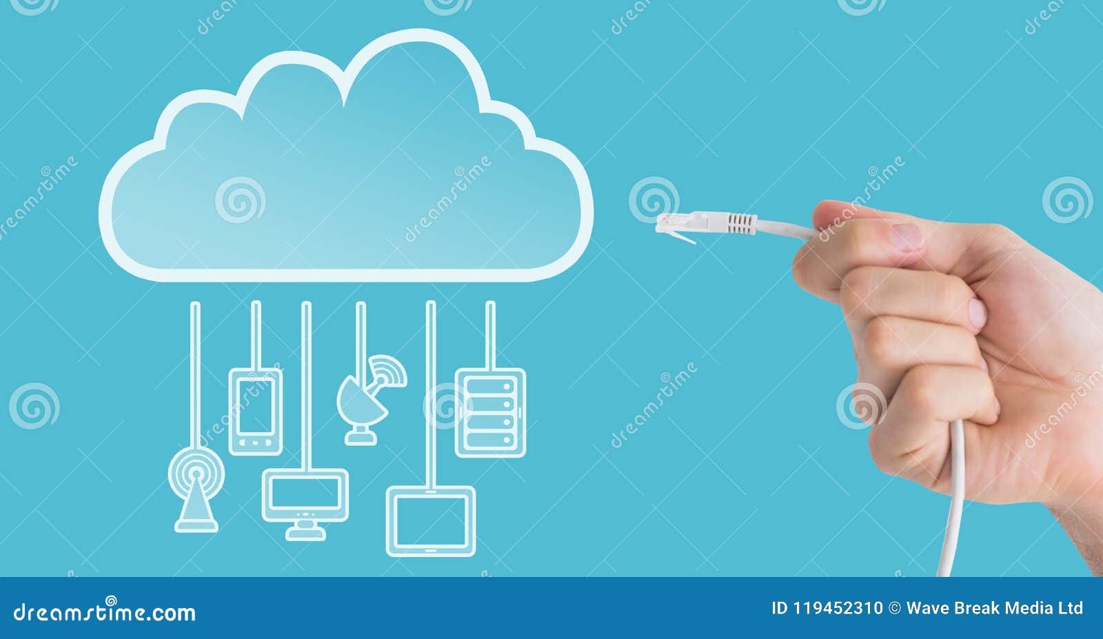 Composed Image of Hand Holding Cable with Cloud Illustration with ...