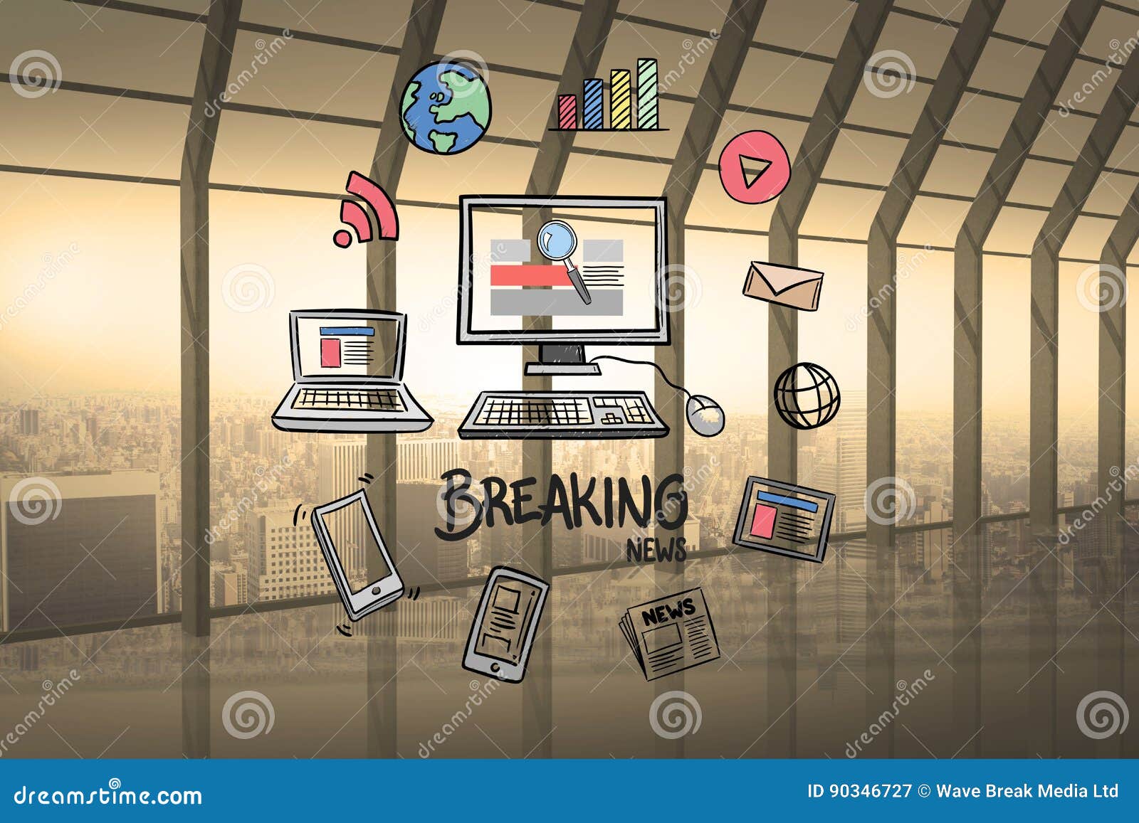 Digital Composite of Computer and Breaking News Surrounded with Various ...