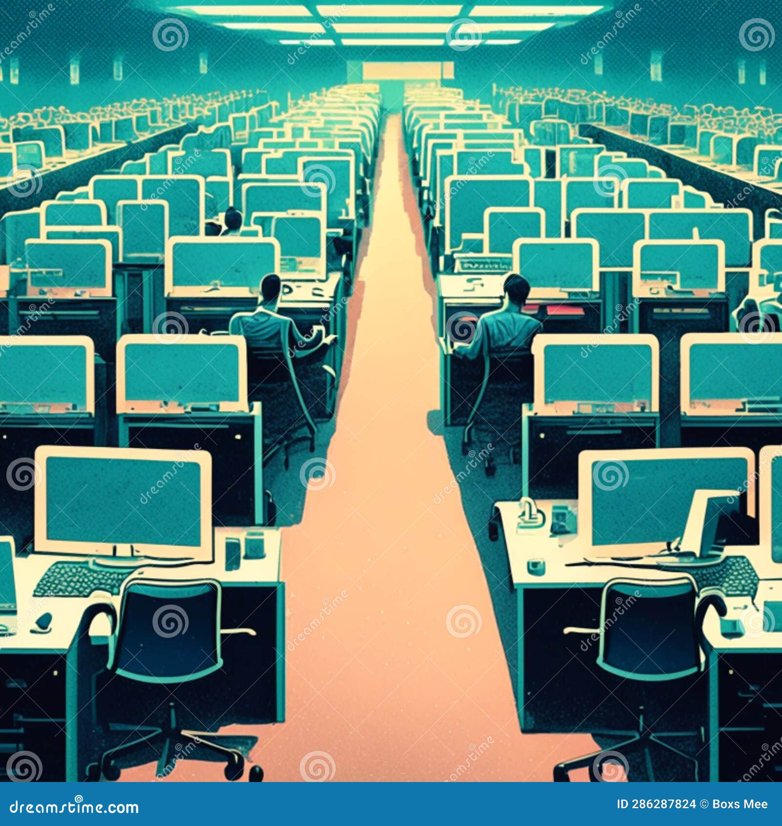 Digital Composite of Computer Room with People Silhouettes and Orange ...