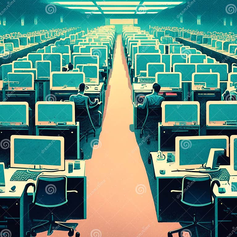 Digital Composite of Computer Room with People Silhouettes and Orange ...