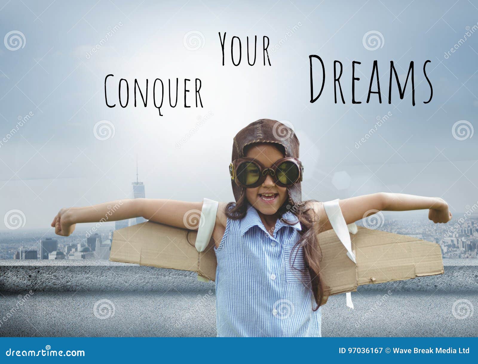 Conquer Your Dreams Text and Pilot Girl with Wings Over City Background ...
