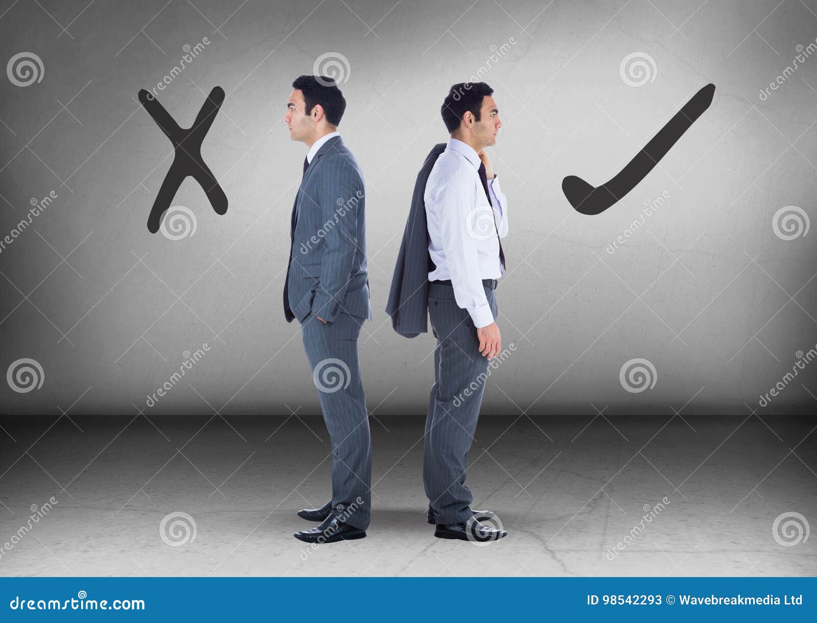 Correct Right or Wrong Drawings with Businessman Looking in Opposite ...