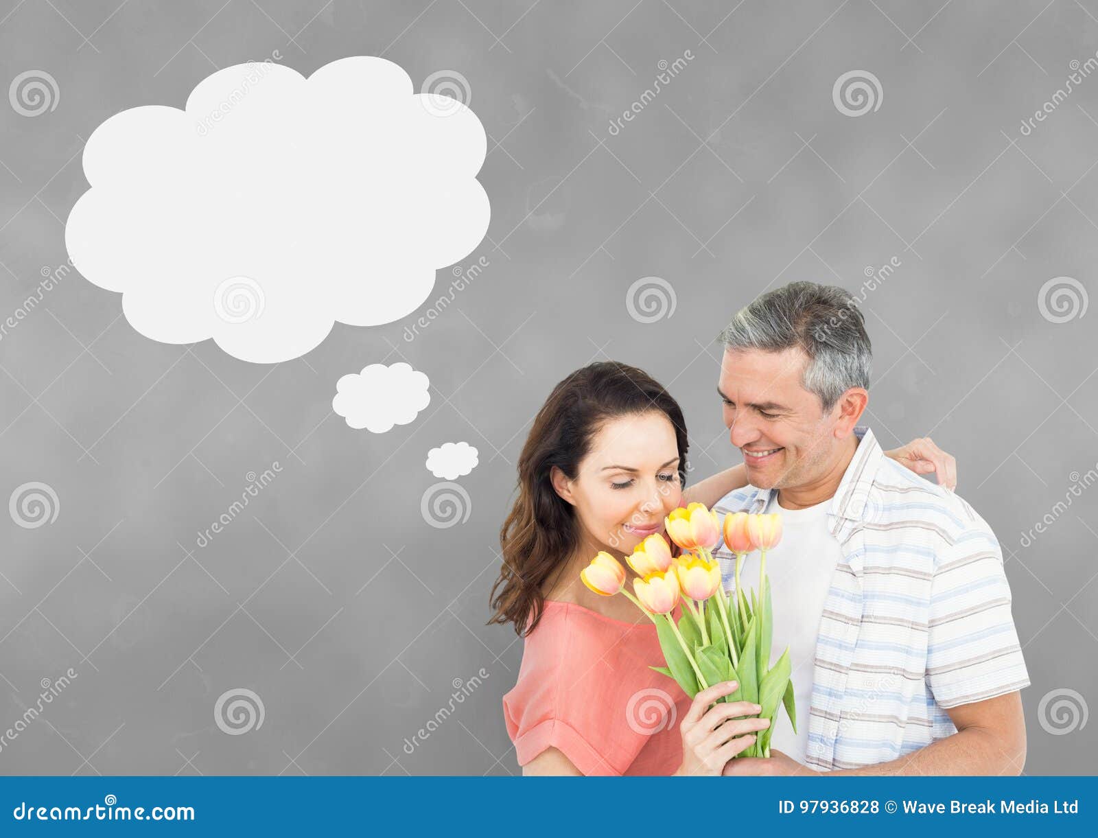 Couple with Speech Bubble Thinking Against Grey Background Stock Photo ...