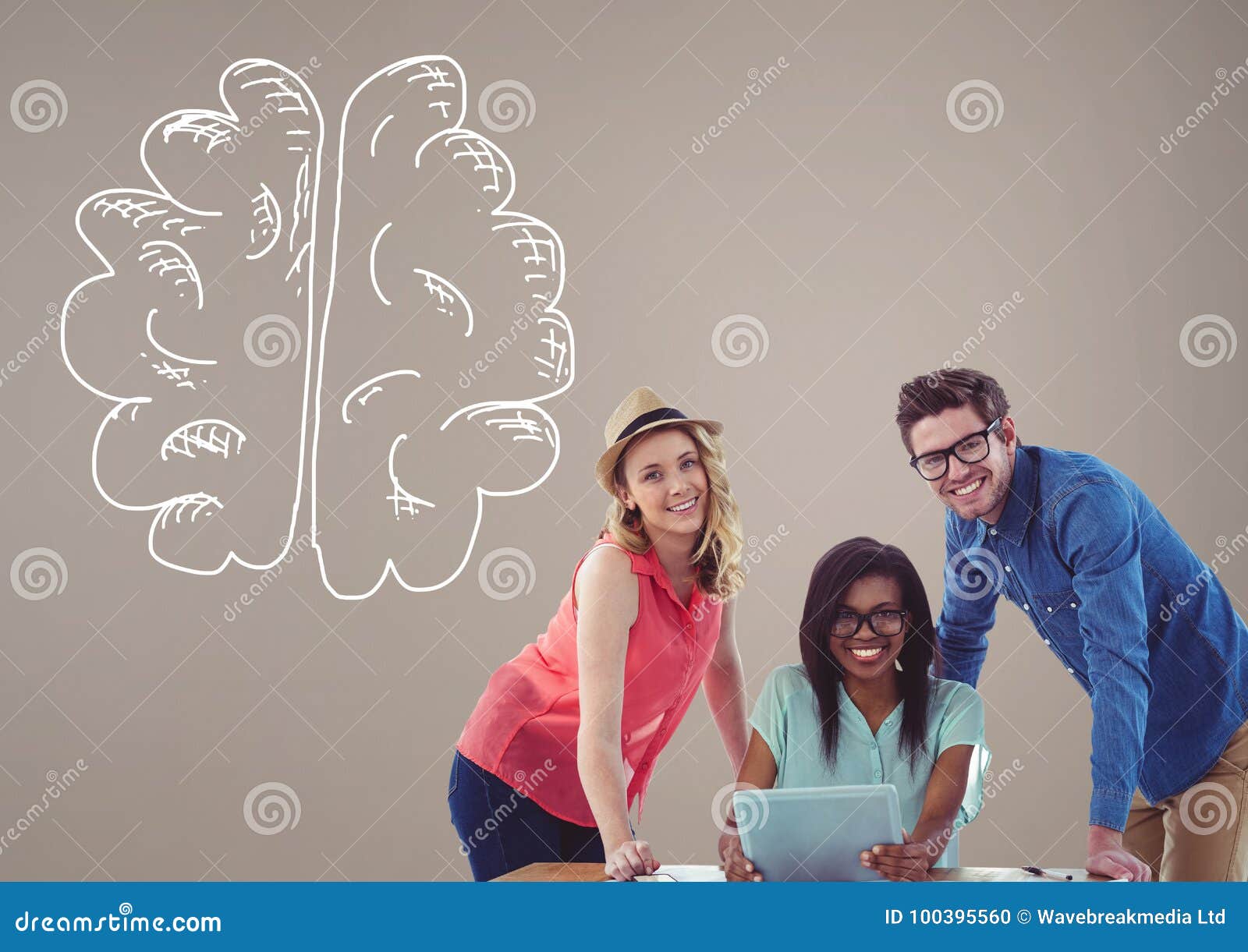 Creative People with Hand-drawn Brain Stock Photo - Image of computer ...