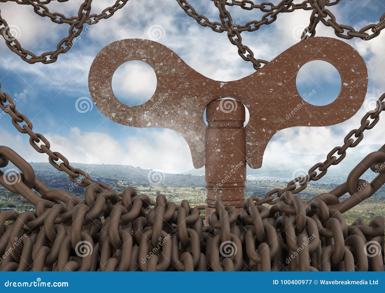 3D Rustic Key and Chains with Sky Stock Illustration - Illustration of ...