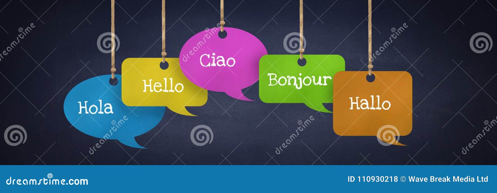 Different Languages Text on Hanging Paper Speech Bubbles Stock ...