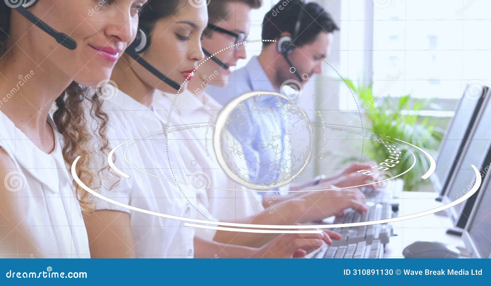 Diverse Call Center Reps Work with Futuristic Interface in 4k Digital ...