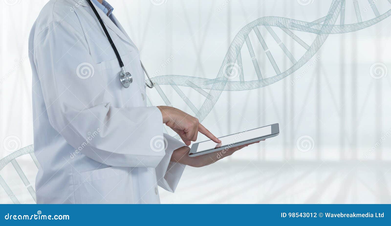 Doctor Using a Tablet with DNA Strand Stock Photo - Image of corporate ...