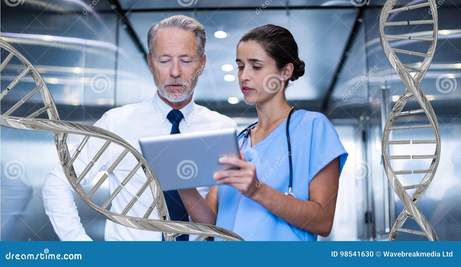 Doctors Standing with 3D DNA Strands Stock Photo - Image of focus ...