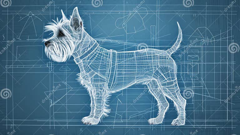 Digital Composite of Dog with Blueprint on Blue Background. 3d ...
