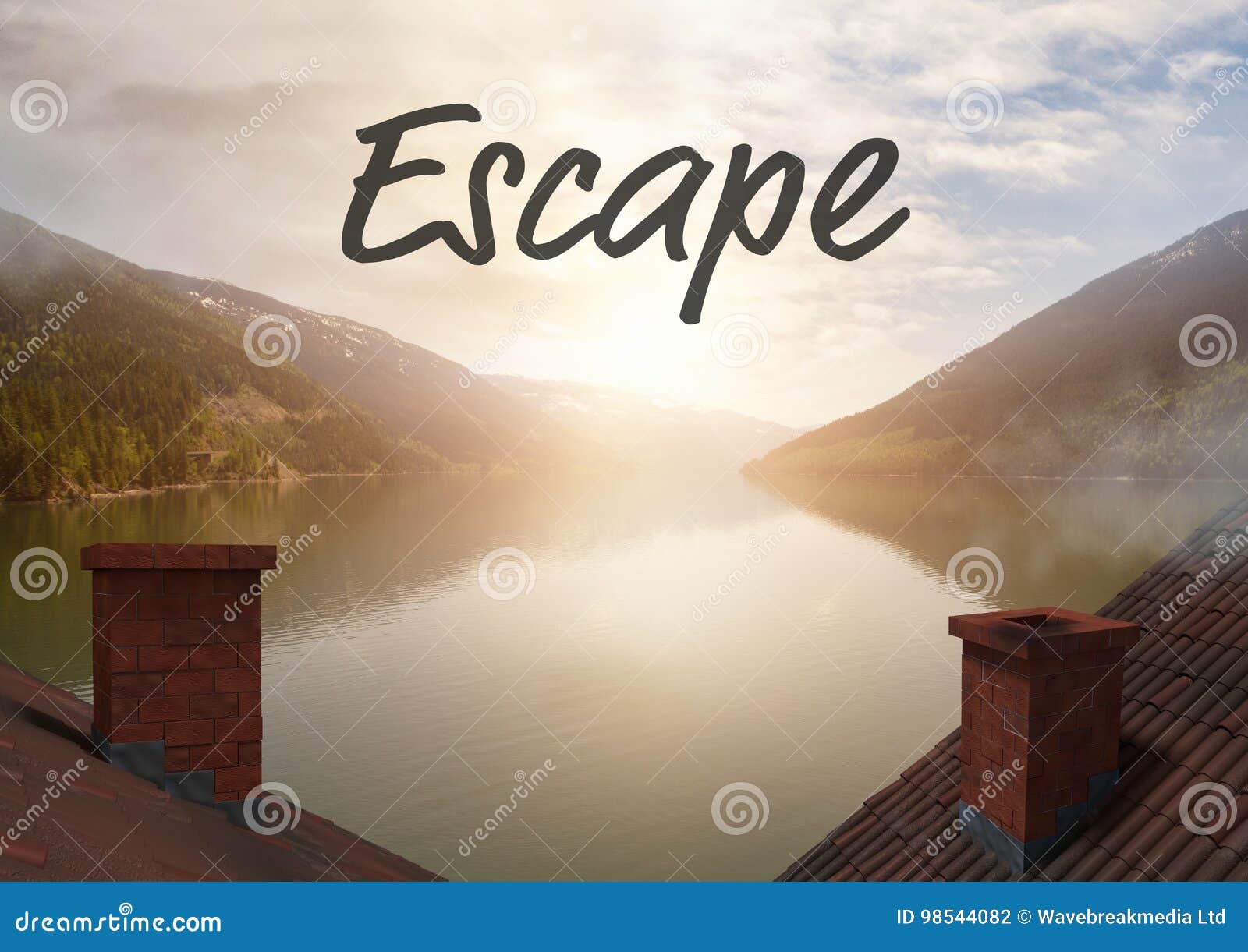 Escape Text Over Rooftops by Mountain Lake Stock Photo - Image of ...