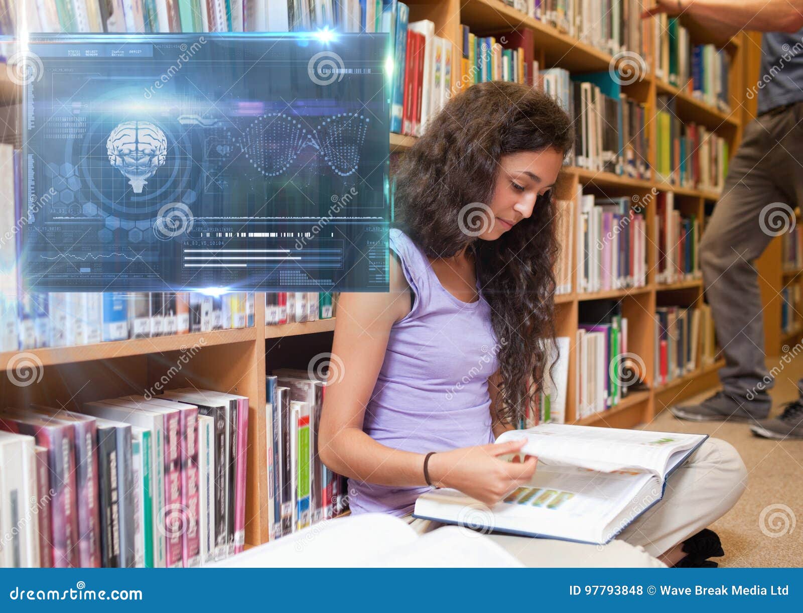 Female Student Studying with Book and Science Education Interface ...